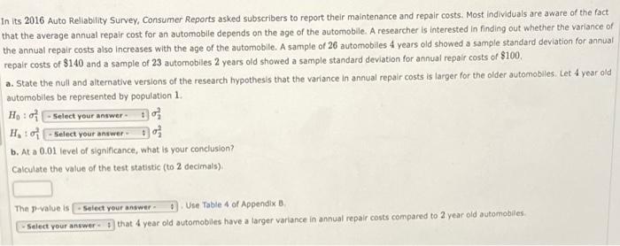 Solved In its 2016 Auto Rellability Survey, Consumer Reports | Chegg.com