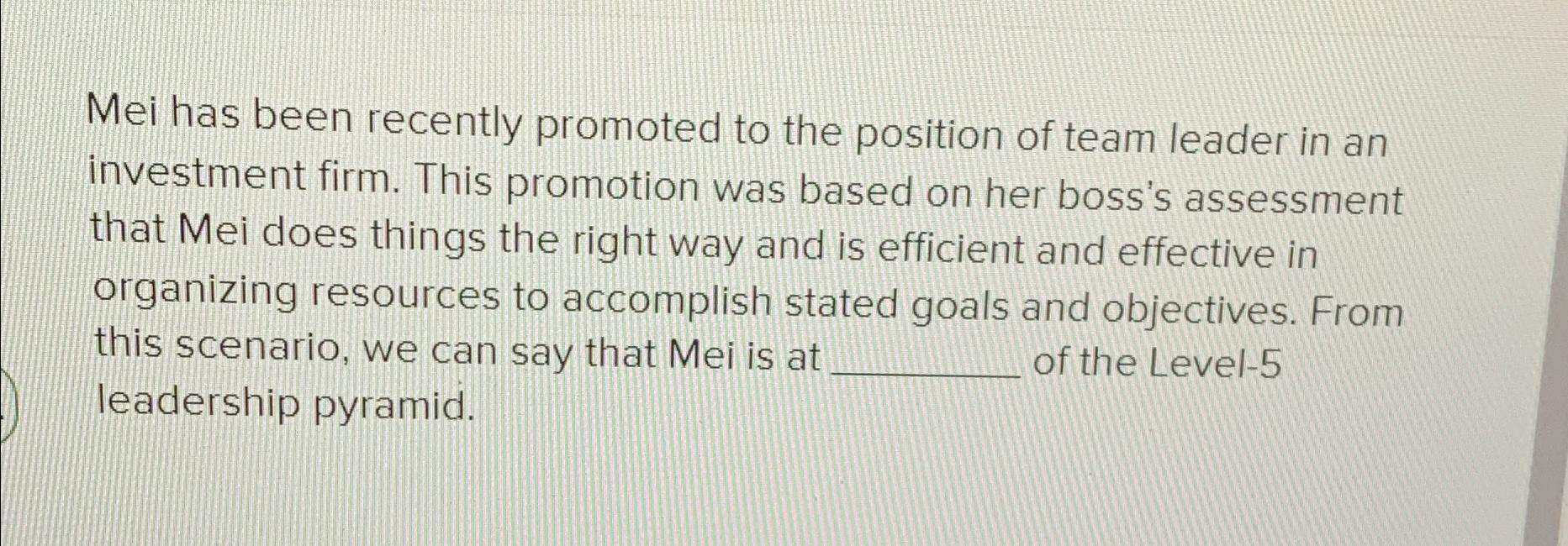 Solved Mei has been recently promoted to the position of | Chegg.com