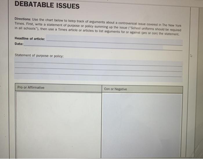 Solved DEBATABLE ISSUES Directions: Use the chart below to | Chegg.com