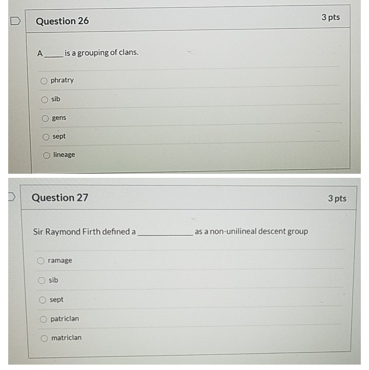 Solved Question 26 3 pts А. is a grouping of clans. phratry | Chegg.com