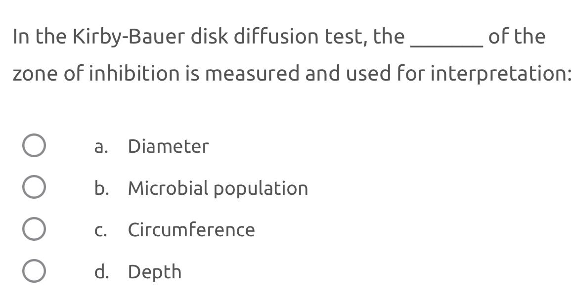 Solved In the Kirby-Bauer disk diffusion test, the of the | Chegg.com