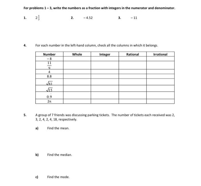 Solved For problems 1−3, write the numbers as a fraction | Chegg.com