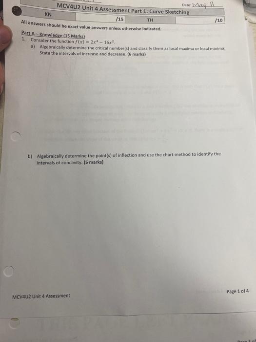 Solved /10 MCV4U2 Unit 4 Assessment Part 1: Curve Sketching | Chegg.com