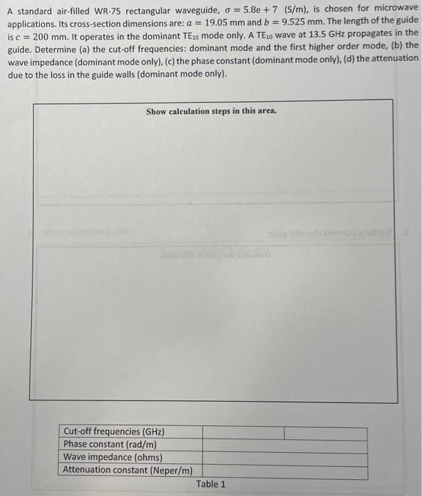Solved A standard air WR75 waveguide is chosen for microwave | Chegg.com