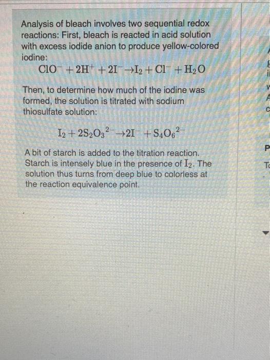 Solved Analysis of bleach involves two sequential redox | Chegg.com
