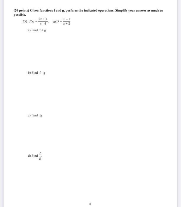 Solved (20 points) Given functions f and g, perform the | Chegg.com
