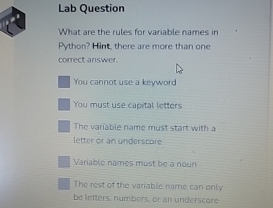 Solved Lab QuestionWhat are the rules for variable names in | Chegg.com