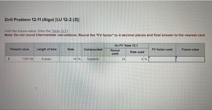 Solved Find the future value. (Use the Table 12.1.) Note: Do | Chegg.com