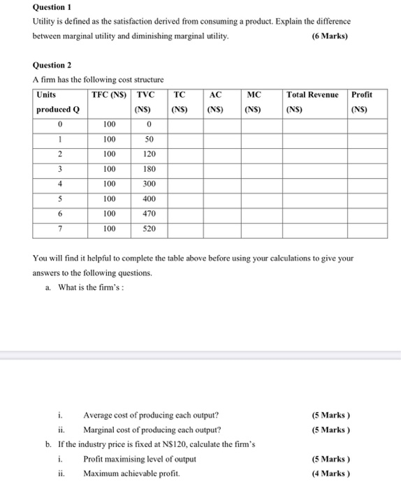 Solved Question 1 Utility is defined as the satisfaction | Chegg.com