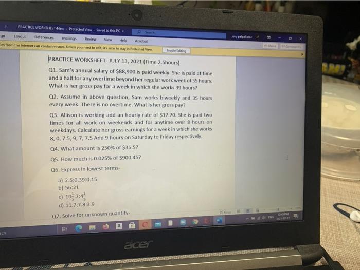 Solved PRACTICE WORKSHEET - Protected ViewSaved to this PC- | Chegg.com