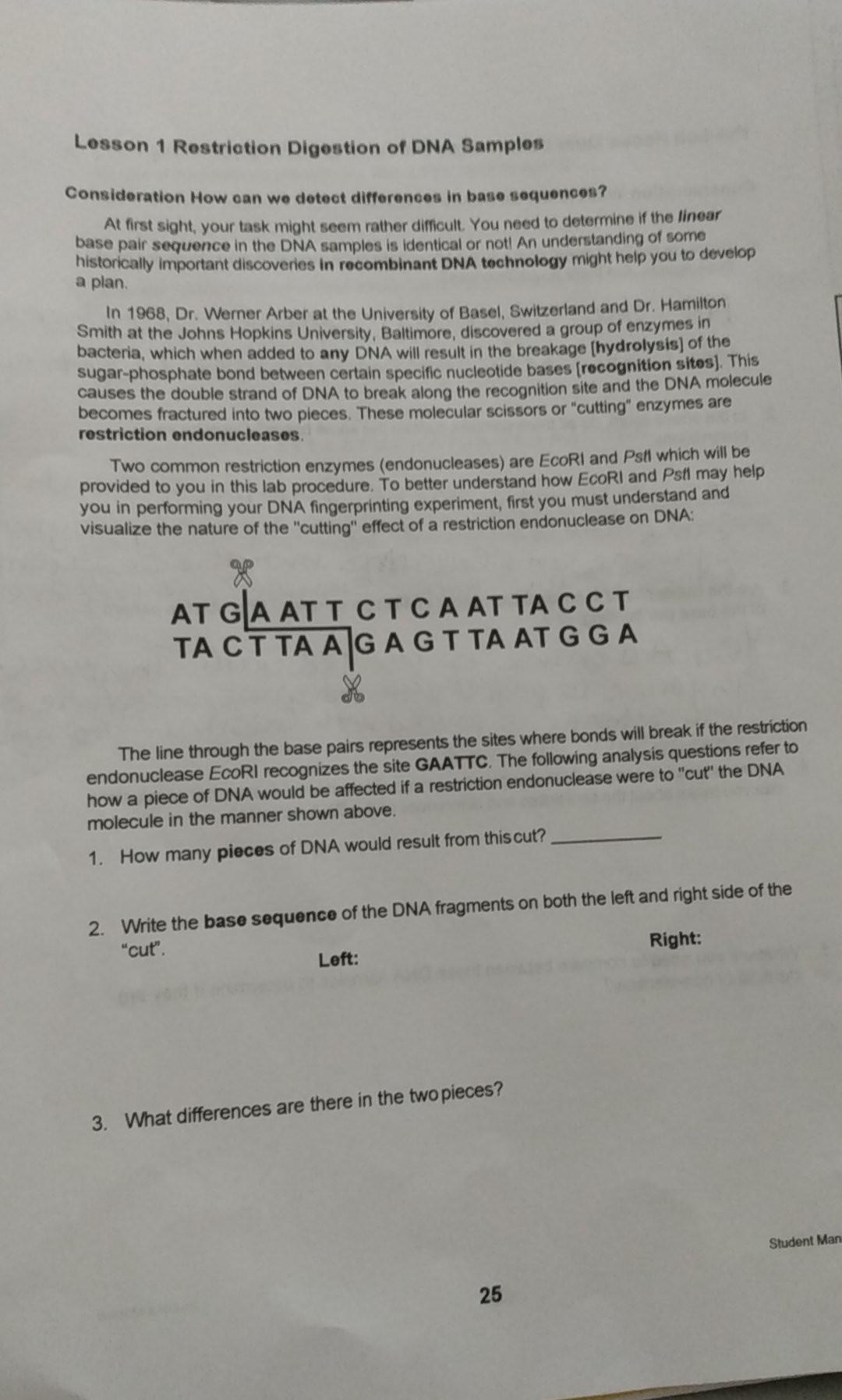Solved Lesson 1 Restriction Digestion of DNA Samplos | Chegg.com