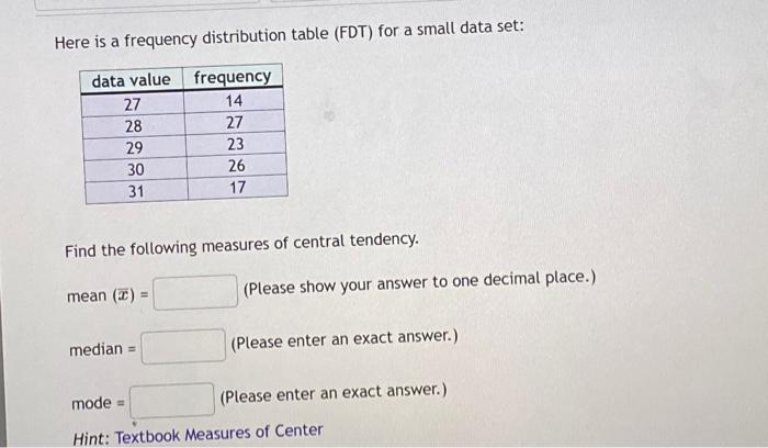 Solved Here is a frequency distribution table (FDT) for a | Chegg.com