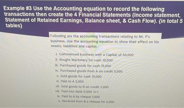 Solved Example \#3 Use the Accounting equation to record the | Chegg.com