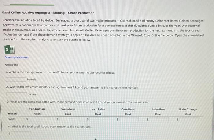 Excel Online Activity: Aggregate Planning - Chase | Chegg.com
