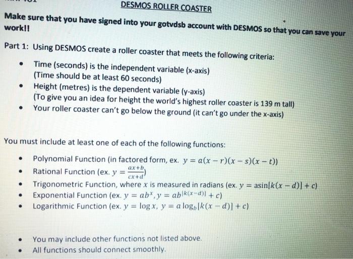Solved DESMOS ROLLER COASTER Make sure that you have signed | Chegg.com