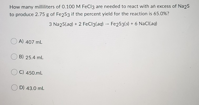 Solved How many milliliters of 0.100 M FeCl3 are needed to | Chegg.com