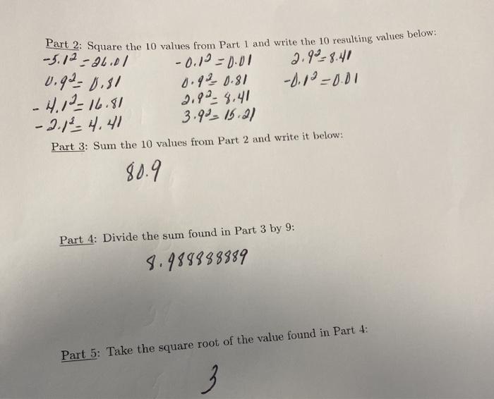 Solved Part 2: Square the 10 values from Part 1 and write | Chegg.com