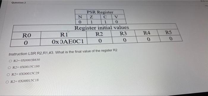 Solved Question 2 PSR Register N Z с V 0 1 1 0 Register | Chegg.com