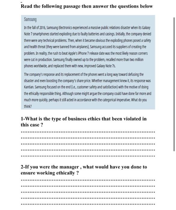 Read the following passage then answer the questions | Chegg.com