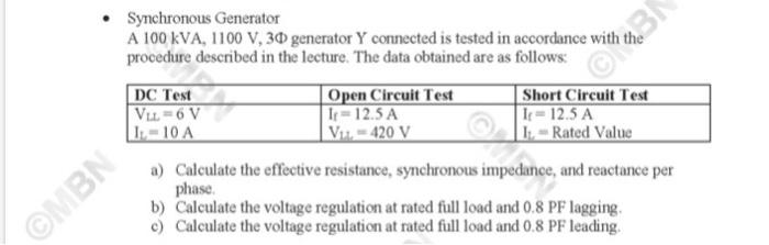 Solved Synchronous Generator A 100 KVA, 1100 V, 30 generator | Chegg.com