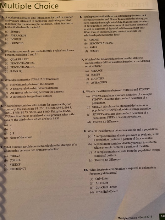 Solved Multiple Choice A workbook contains sales information | Chegg.com