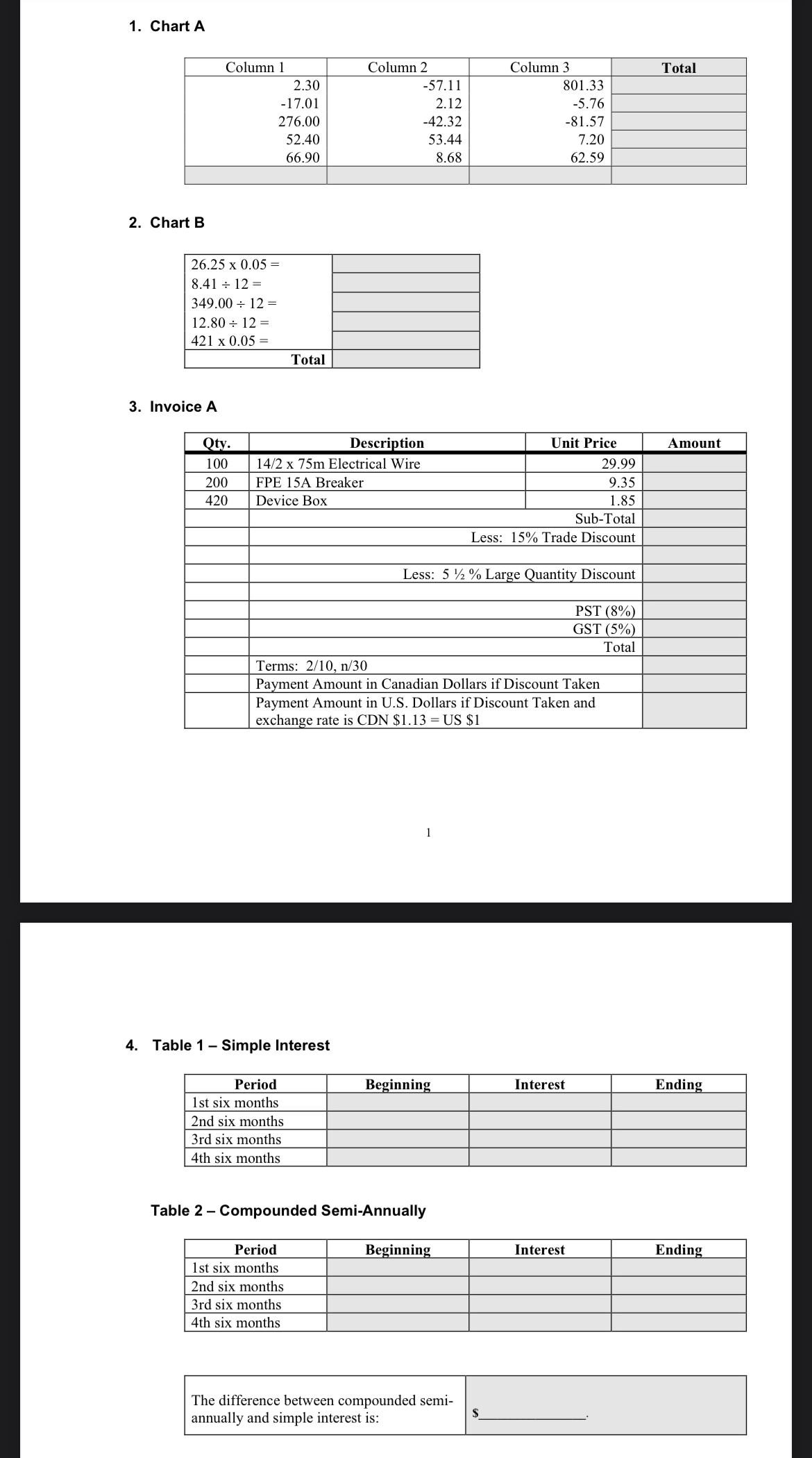 Solved Chart A\table[[Column 1,Column 2,Column | Chegg.com