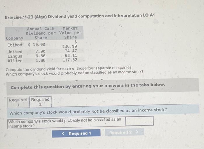 Exercise 11-23 (Algo) Dividend yield computation and | Chegg.com
