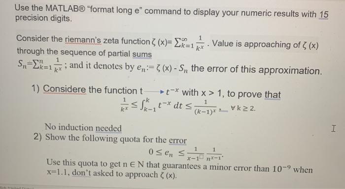 Solved Use the MATLAB® "format long e" command to display | Chegg.com