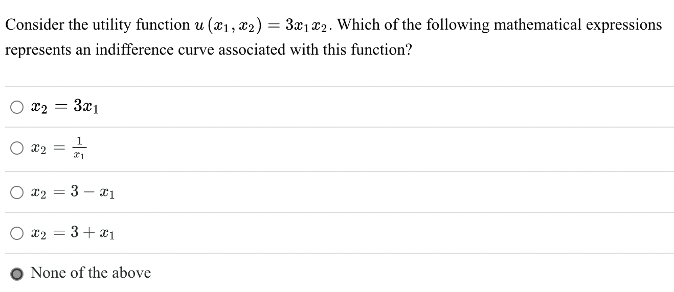 Solved Consider the utility function u(x1,x2)=3x1x2. ﻿Which | Chegg.com