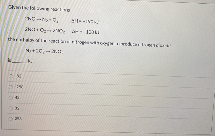 Solved Given the following reactions 2NO-N2+O2 AH = -190 kJ | Chegg.com
