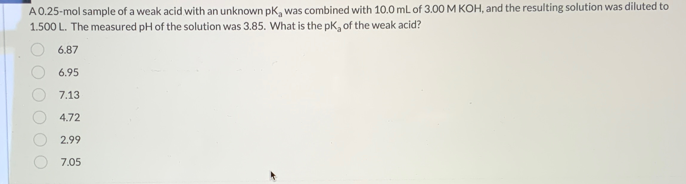 Solved A 0.25-mol sample of a weak acid with an unknown pKa | Chegg.com