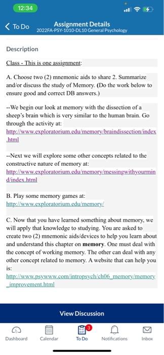 To Do Assignment Details 2022FA-PSY-1010-DL10 General | Chegg.com