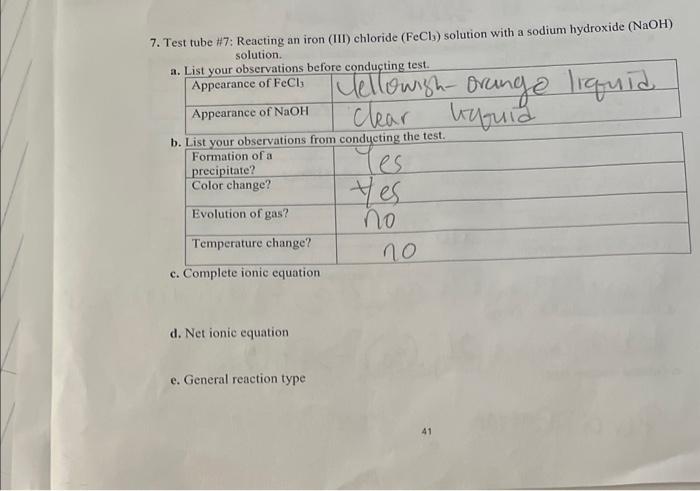 Solved 7. Test tube \#77: Reacting an iron (III) chloride | Chegg.com
