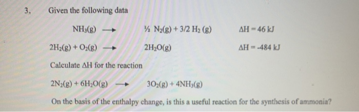 Solved 3. Given the following data NH3(g) N2(g) + 3/2 H2(g) | Chegg.com