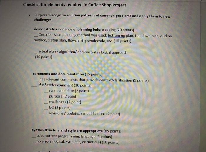 Solved Checklist for elements required in Coffee Shop | Chegg.com