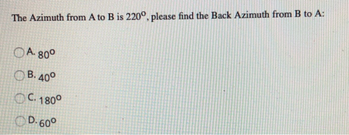 Solved The Azimuth from A to B is 220°, please find the Back | Chegg.com