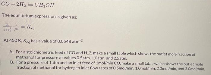 Solved CO+2H2⇋CH3OH The equilibrium expression is given as: | Chegg.com