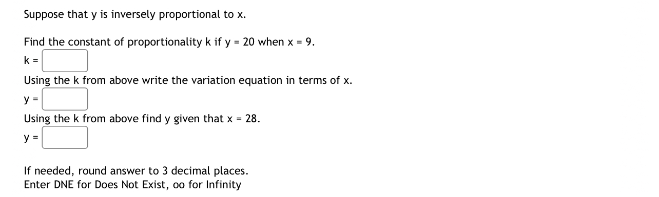 Solved Suppose that y ﻿is inversely proportional to x.Find | Chegg.com