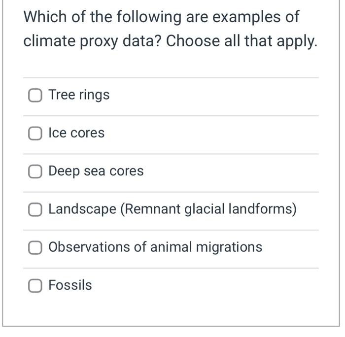 Solved Which of the following are examples of climate proxy | Chegg.com