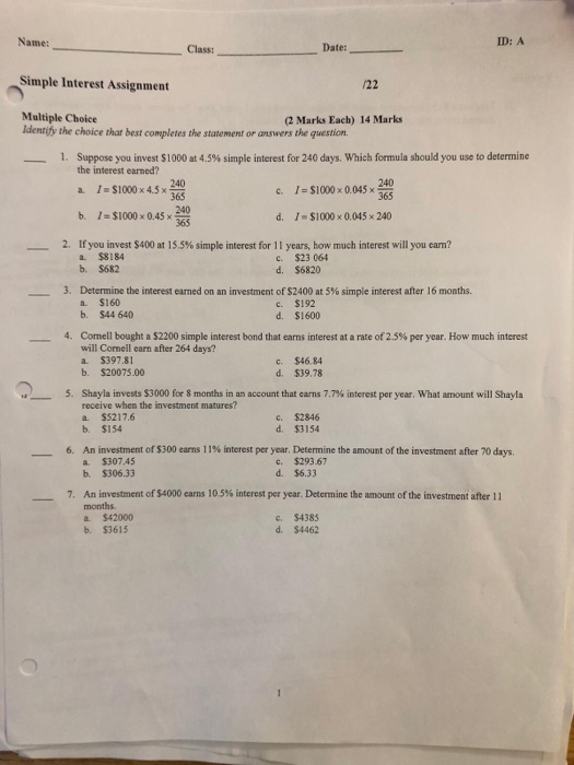 Solved Name: ID: A Class: Date: Simple Interest Assignment | Chegg.com