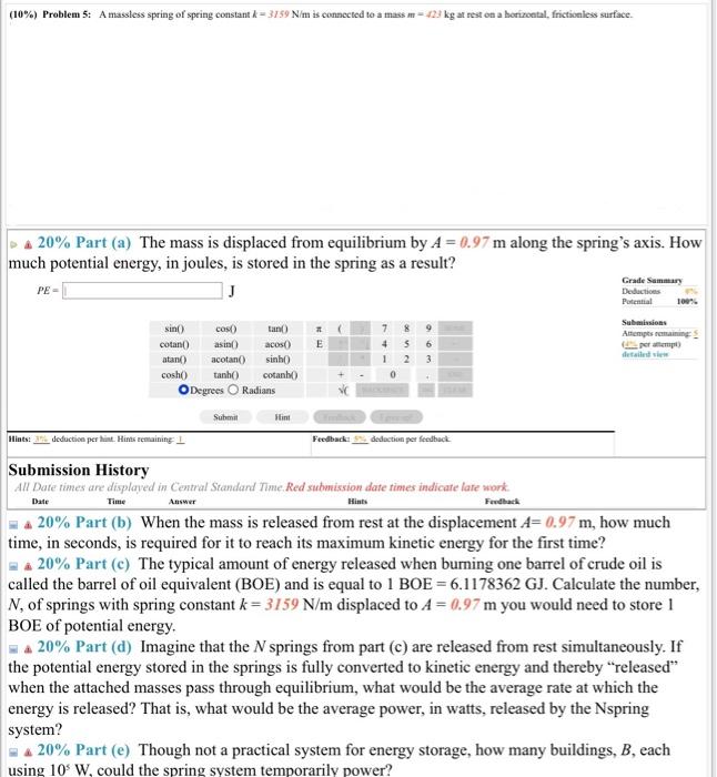 (10\%) Problem 5: A massless spring of spring | Chegg.com