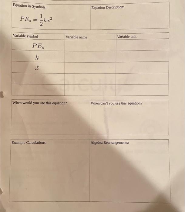 Solved Equation in Symbols: Equation Description: PEs=21kx2 | Chegg.com
