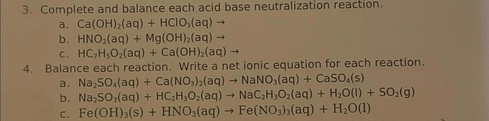 Solved Complete and balance each acid base neutralization | Chegg.com