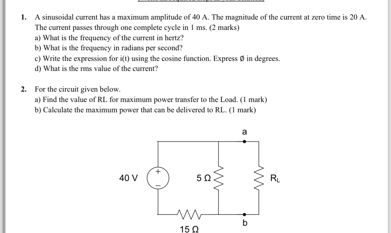 Solved A sinusoidal current has a maximum amplitude of 40A. | Chegg.com
