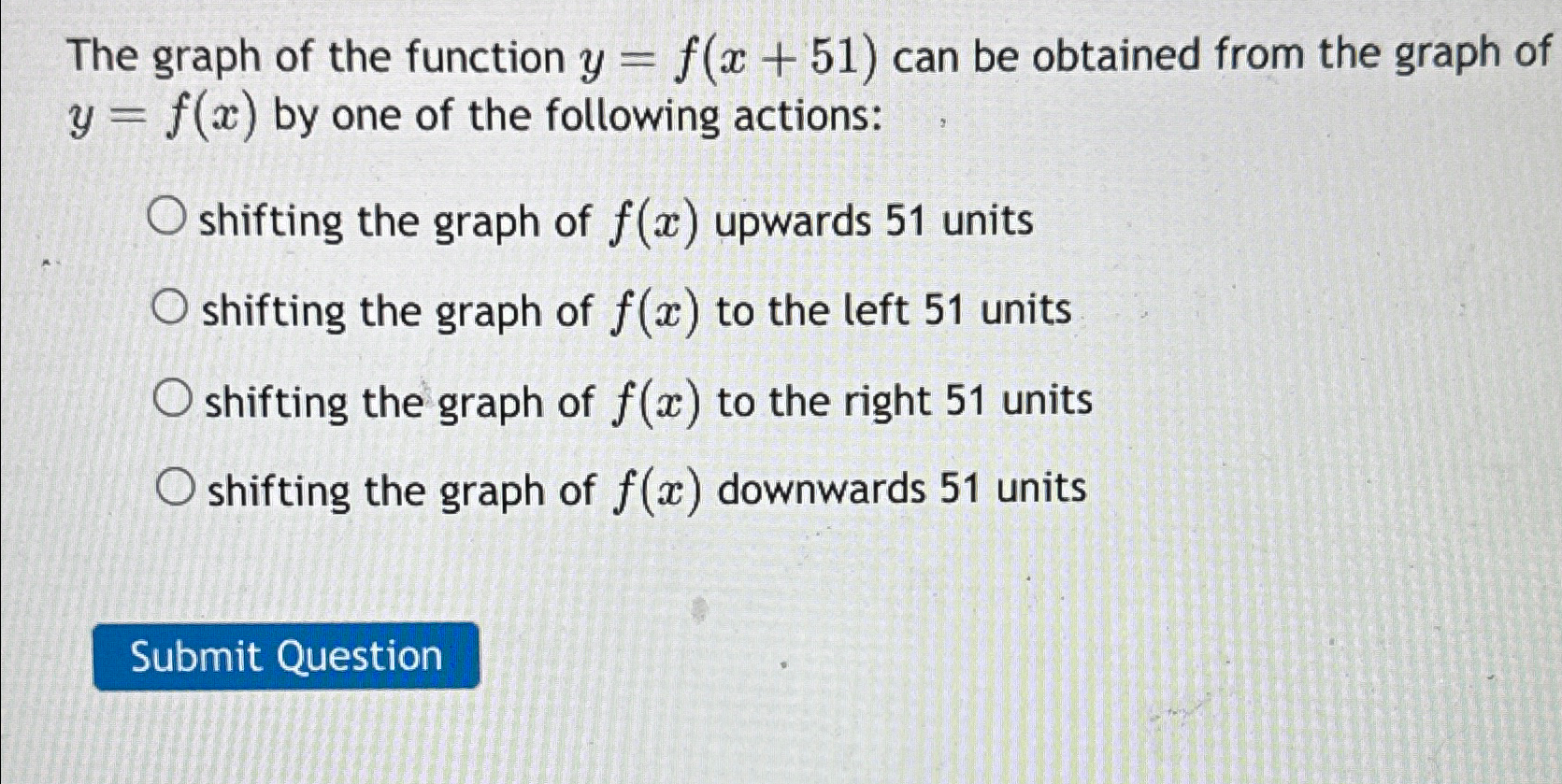 Solved The graph of the function y=f(x+51) ﻿can be obtained | Chegg.com