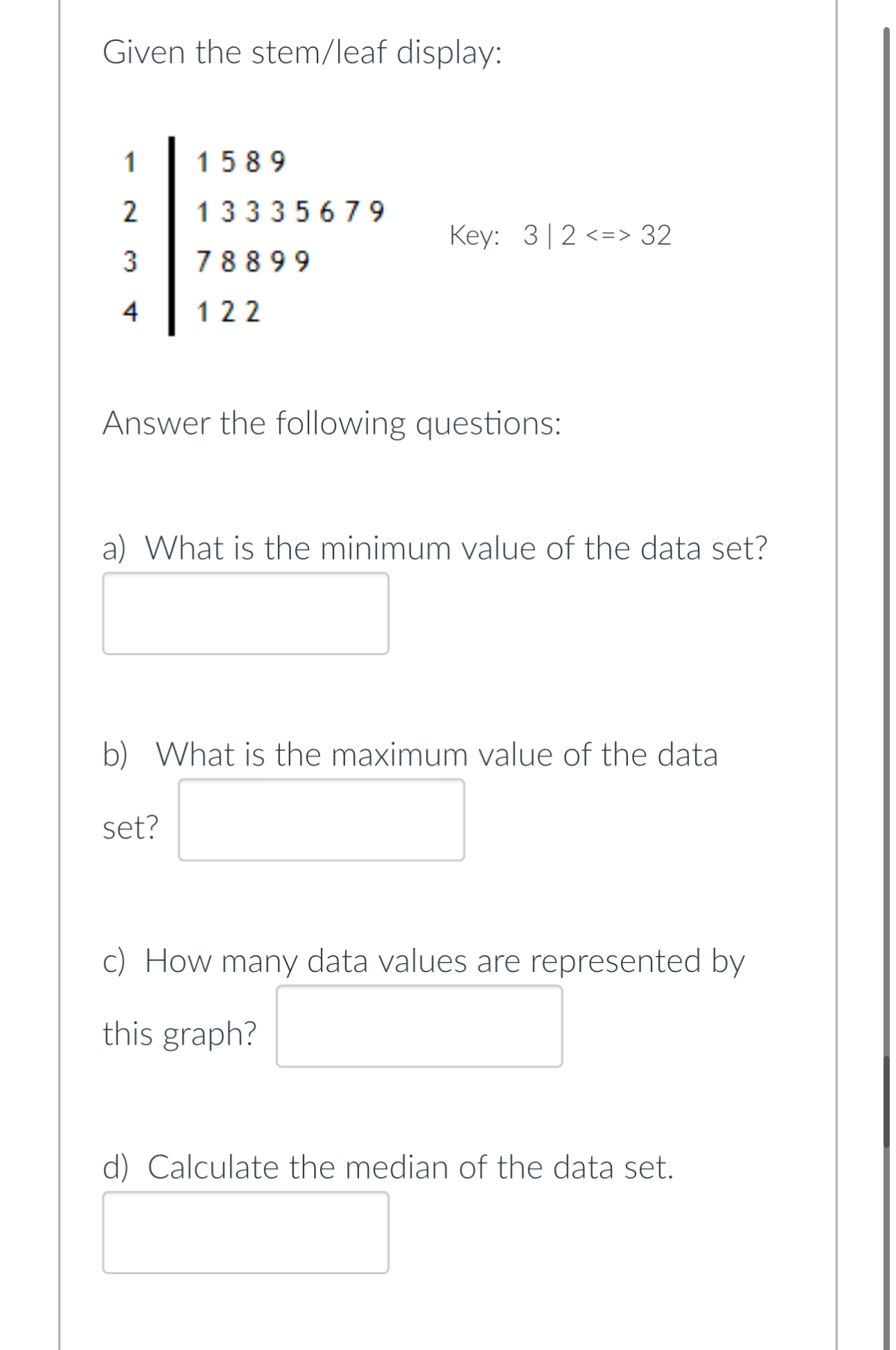 Solved Given the stem/leaf display:Answer the following | Chegg.com