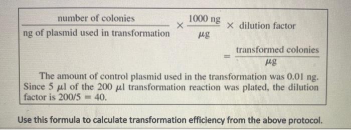 Solved 1000 ng number of colonies х X dilution factor ng of | Chegg.com