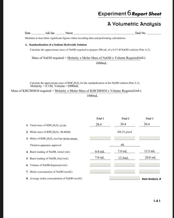 Solved Nome Experiment 6 Report Sheet A Volumetric Analysis | Chegg.com