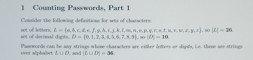 Solved 1 Counting Passwords, Part 1 Consider the following | Chegg.com