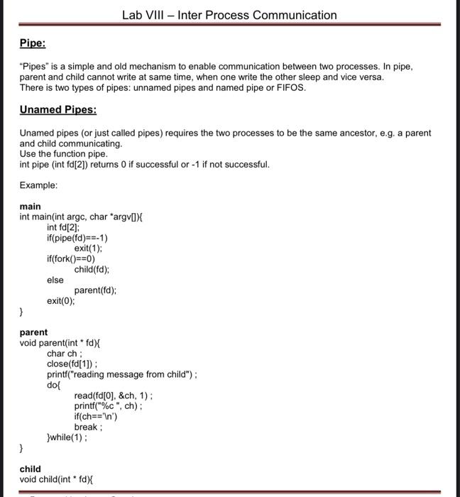 Solved Lab VIII - Inter Process Communication Pipe: "Pipes" | Chegg.com